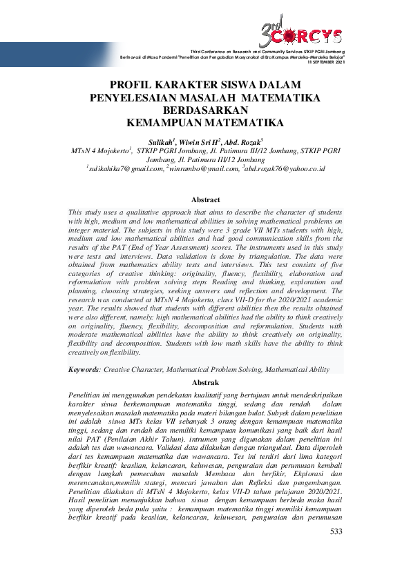 (PDF) Profil Karakter Siswa Dalam Penyelesaian Masalah Matematika Berdasarkan Kemampuan Matematika
