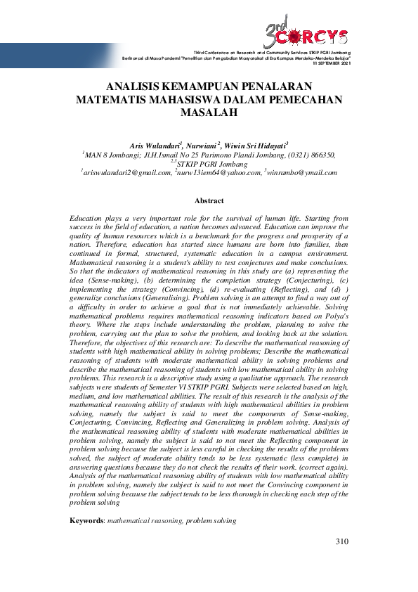 (PDF) Analisis Kemampuan Penalaran Matematis Mahasiswa Dalam Pemecahan Masalah