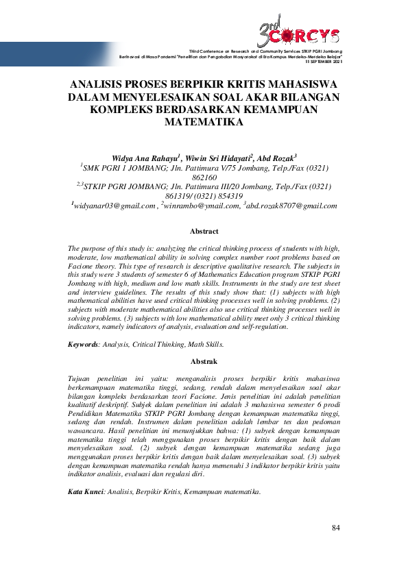 (PDF) Analisis Proses Berpikir Kritis Mahasiswa Dalam Menyelesaikan Soal Akar Bilangan Kompleks ...