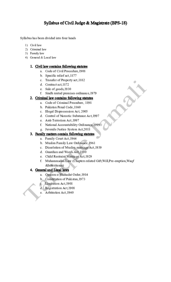 (PDF) Syllabus of Civil Judge cum Magistrate in Sindh | Sindh High Court