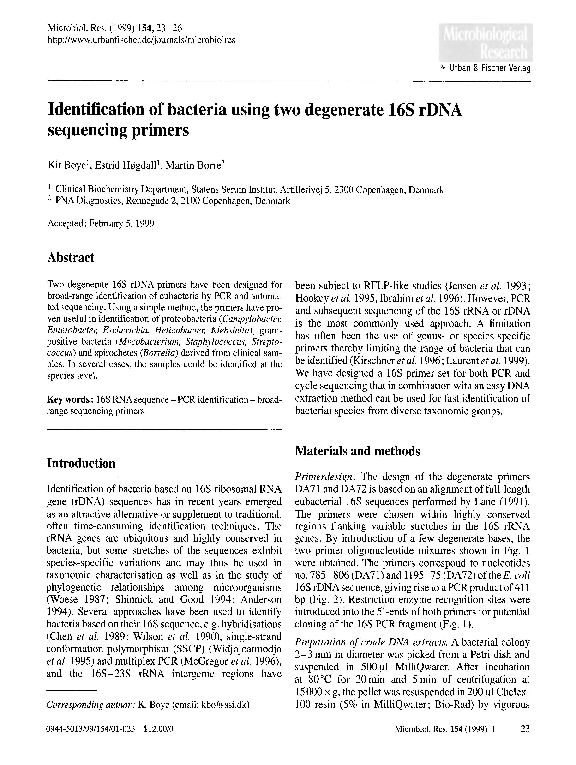 (PDF) Identification of bacteria using two degenerate 16S rDNA sequencing primers