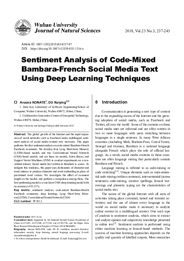(PDF) Sentiment Analysis of Code-Mixed Bambara-French Social Media Text Using Deep Learning ...