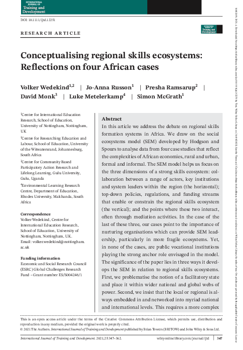 (PDF) Conceptualising regional skills ecosystems: Reflections on four African cases