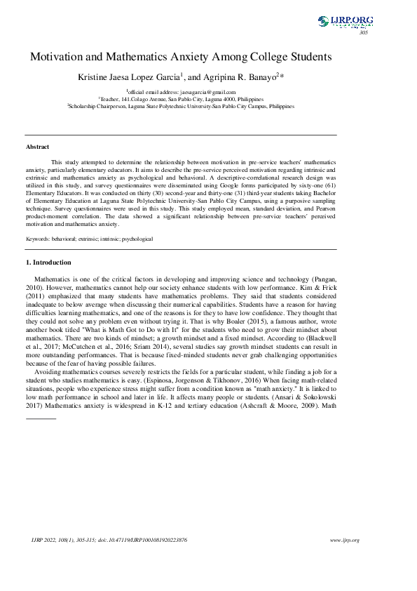 (PDF) Motivation and Mathematics Anxiety Among College Students
