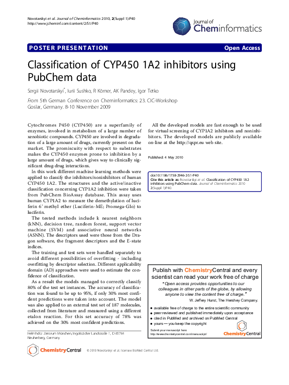 (PDF) Classification of CYP450 1A2 inhibitors using PubChem data