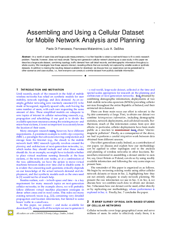 (PDF) Assembling and Using a Cellular Dataset for Mobile Network Analysis and Planning