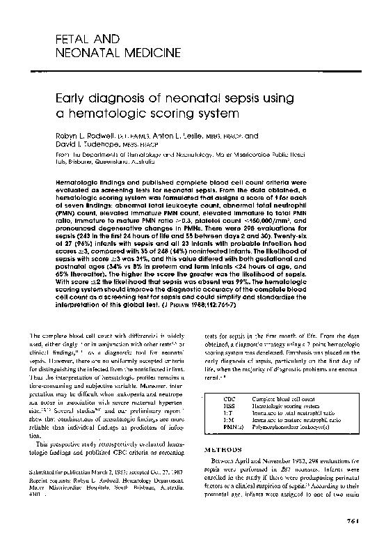 (PDF) Early diagnosis of neonatal sepsis using a hematologic scoring system