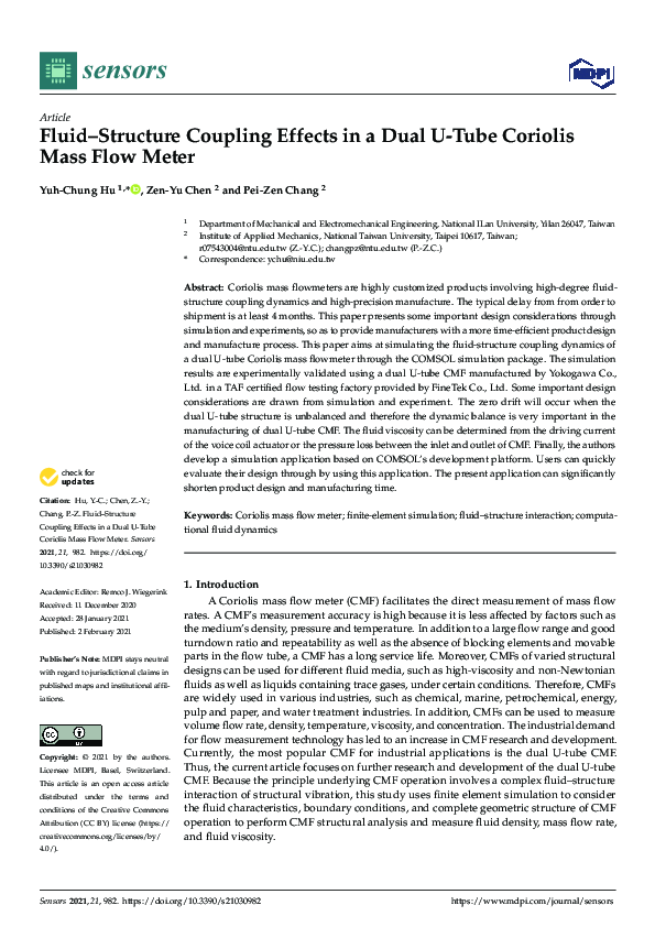 (PDF) Fluid–Structure Coupling Effects in a Dual U-Tube Coriolis Mass Flow Meter