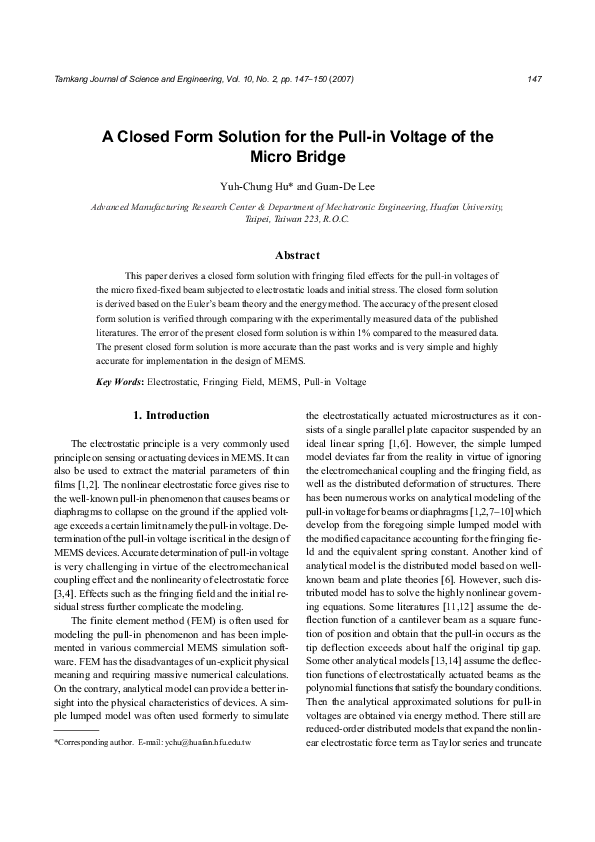 (PDF) Closed form solutions for the pull-in voltage of micro curled beams subjected to ...