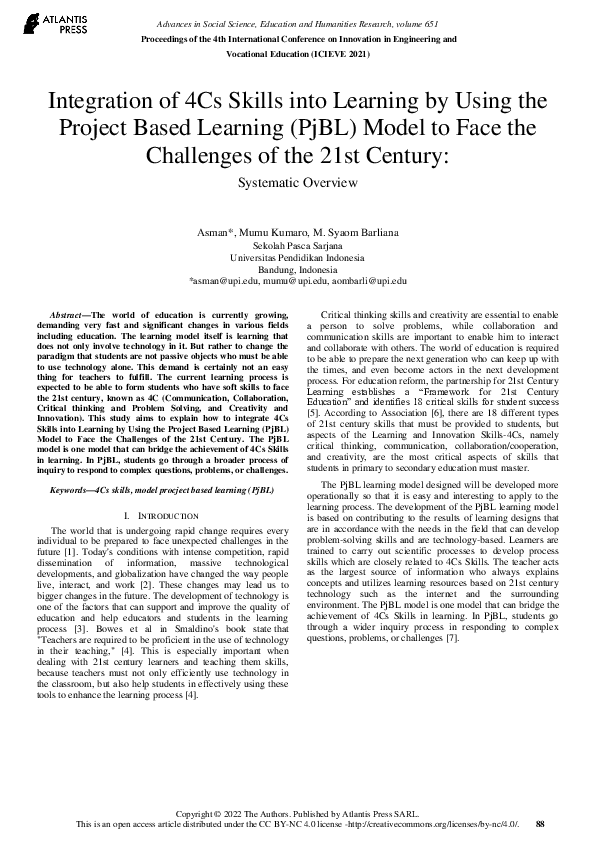 (PDF) Integration of 4Cs Skills into Learning by Using the Project Based Learning (PjBL) Model ...