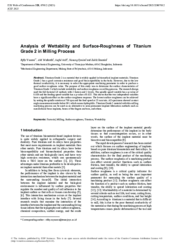 (PDF) Analysis of Wettability and Surface-Roughness of Titanium Grade 2 ...