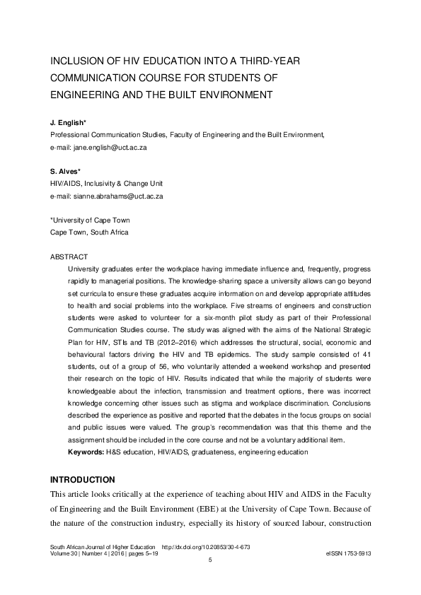(PDF) Inclusion of HIV education into a third-year Communication course ...