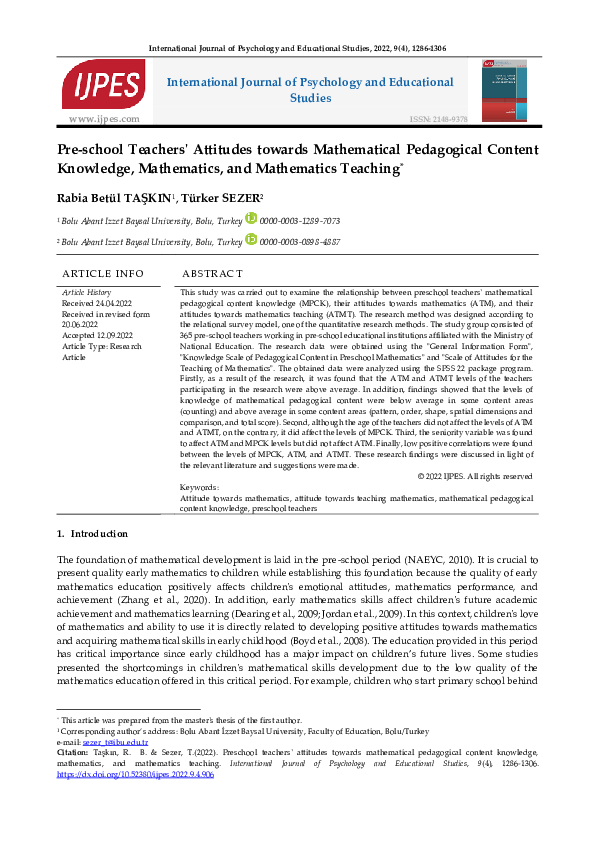 (PDF) Pre-school Teachers' Attitudes towards Mathematical Pedagogical ...