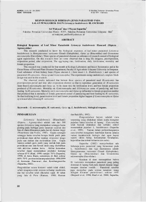 (PDF) RESPON BIOLOGIS BEBERAPA JENIS PARASITOID PADA LALAT PENGGOROK ...