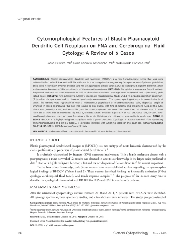 (PDF) Cytomorphological features of blastic plasmacytoid dendritic cell neoplasm on FNA and ...
