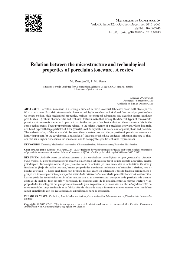 (PDF) Relation between the microstructure and technological properties of porcelain stoneware. A ...
