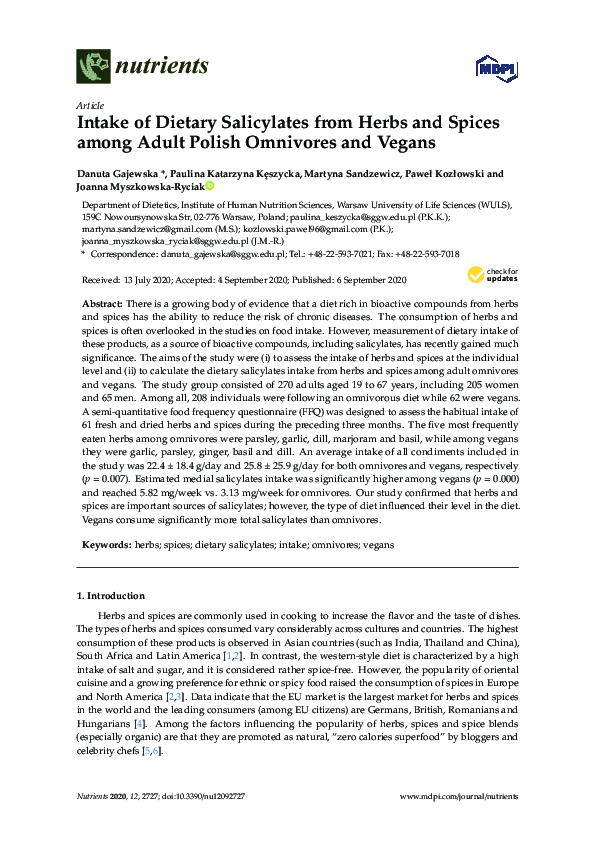 (PDF) Intake of Dietary Salicylates from Herbs and Spices among Adult ...
