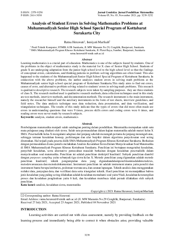 (PDF) Analysis of Student Errors in Solving Mathematics Problems at Muhammadiyah Senior High ...