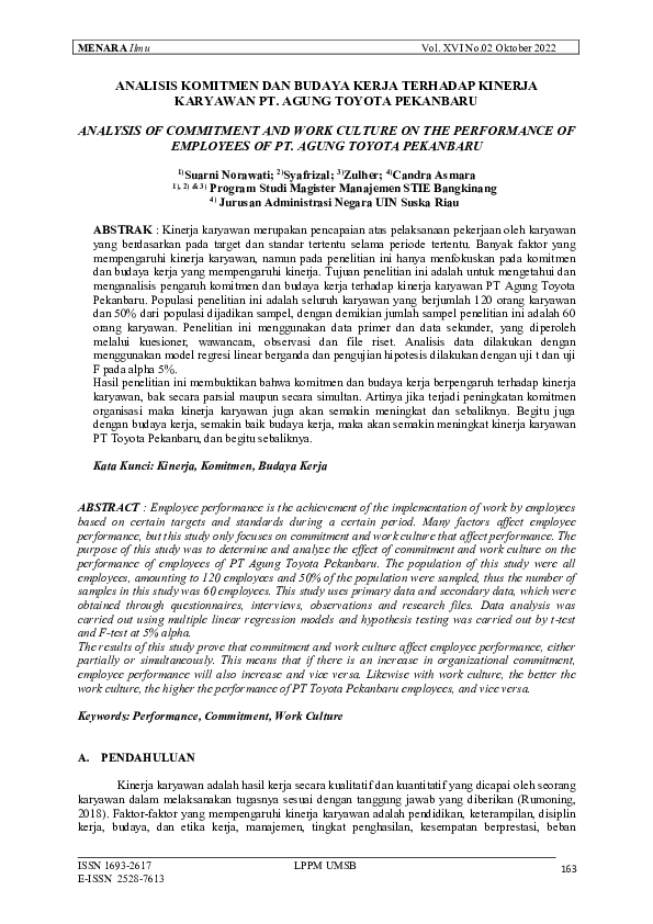 (PDF) Analisis Komitmen Dan Budaya Kerja Terhadap Kinerja Karyawan Pt. Agung Toyota Pekanbaru