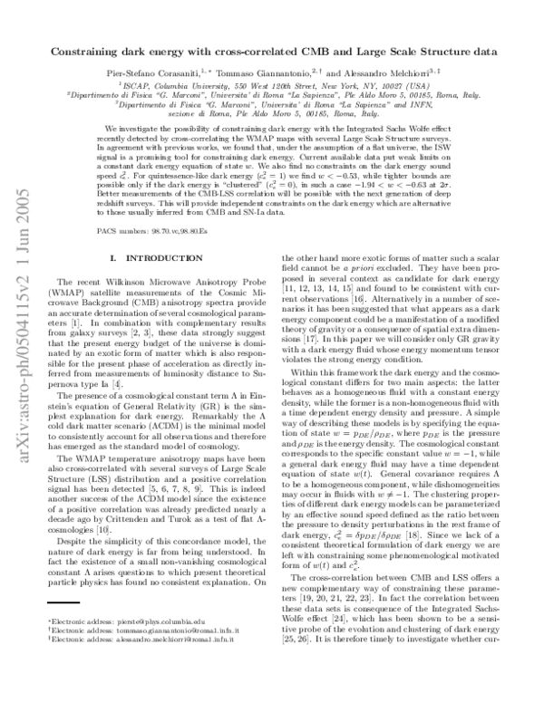 (PDF) Constraining dark energy with cross-correlated CMB and large scale structure data | Pier ...