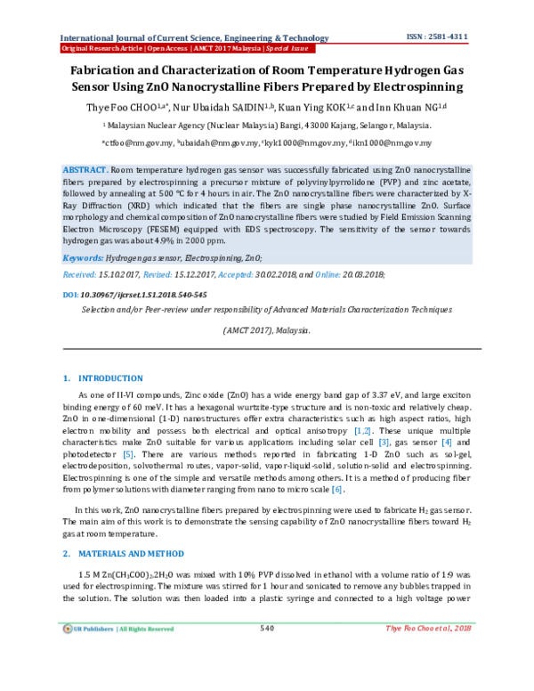 (PDF) Fabrication and Characterization of Room Temperature Hydrogen Gas Sensor Using ZnO ...