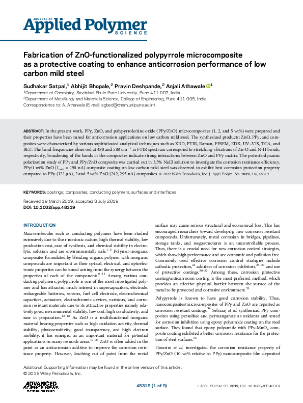 (PDF) Fabrication of ZnO‐functionalized polypyrrole microcomposite as a ...