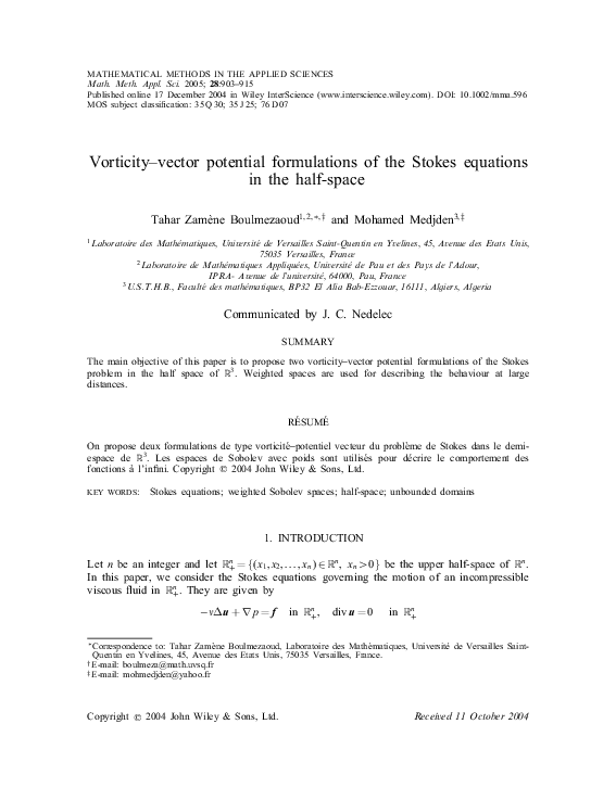 (PDF) Vorticity-vector potential formulations of the Stokes equations in the half-space
