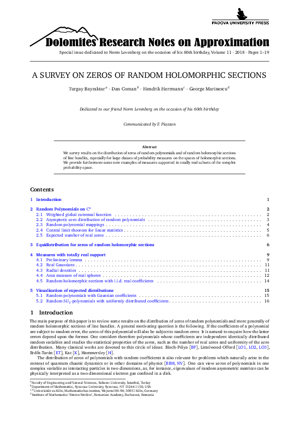 (PDF) A survey on zeros of random holomorphic sections
