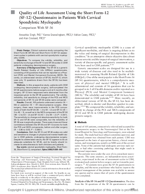 (PDF) Quality of Life Assessment Using the Short Form-12 (SF-12 ...