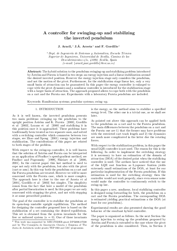 (PDF) A Controller for Swinging-Up and Stabilizing the Inverted Pendulum