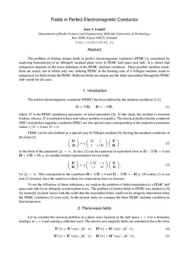 (PDF) Fields in Perfect Electromagnetic Conductor