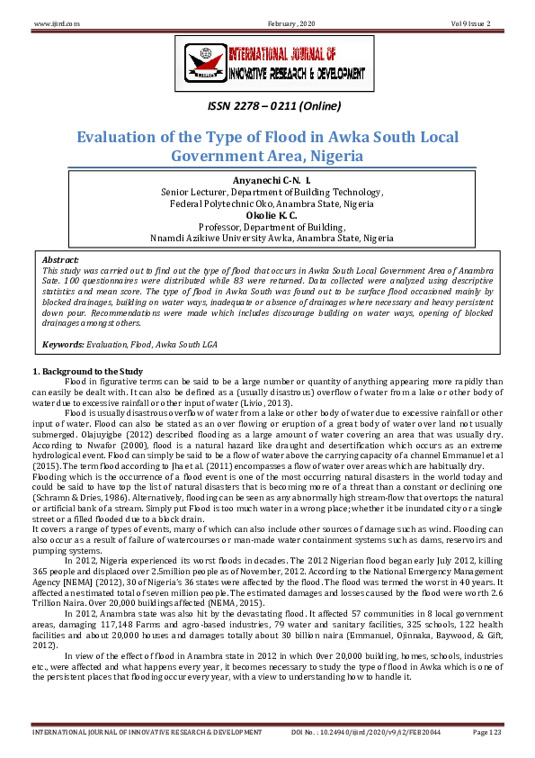 (PDF) Evaluation of the Type of Flood in Awka South Local Government ...