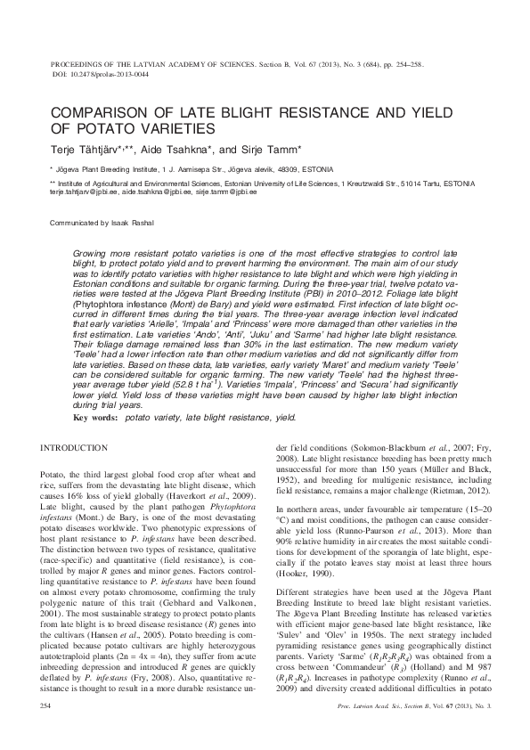 (PDF) Comparison of Late Blight Resistance and Yield of Potato Varieties