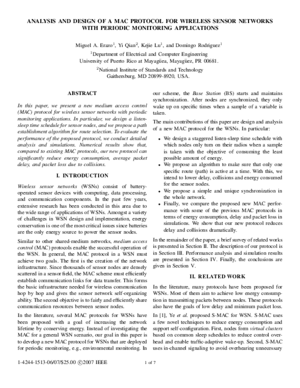 (PDF) Analysis and Design of a MAC Protocol for Wireless Sensor Networks with Periodic ...