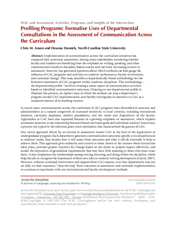 (PDF) Across the Disciplines WAC and Assessment: Activities, Programs ...