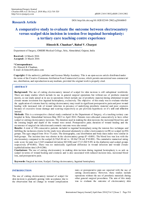(PDF) A comparative study to evaluate the outcome between electrocautery versus scalpel skin ...
