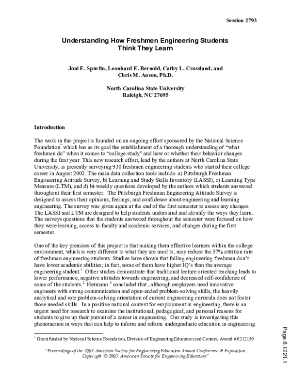 (PDF) Understanding How Freshmen Engineering Students Think They Learn
