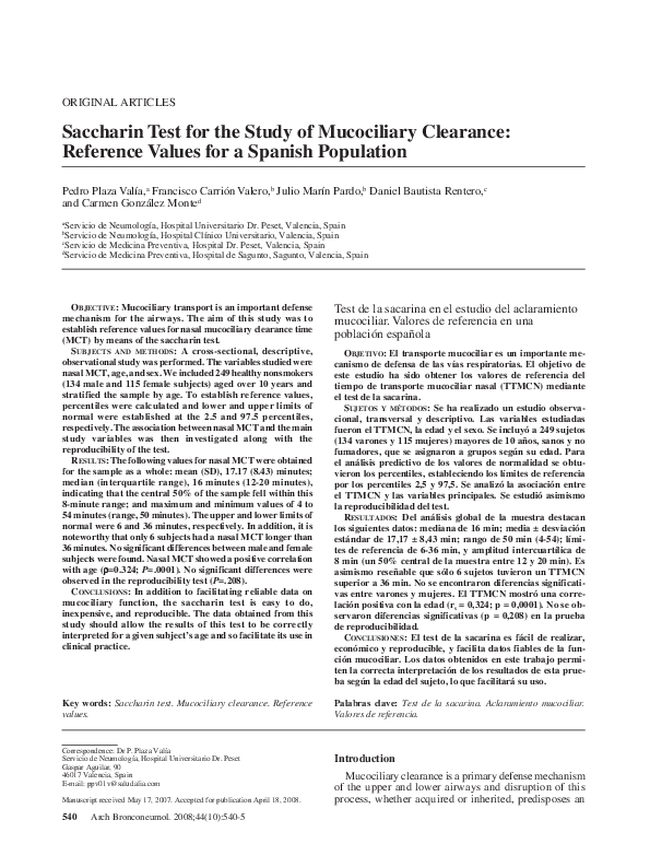 (PDF) Saccharin Test for the Study of Mucociliary Clearance: Reference ...