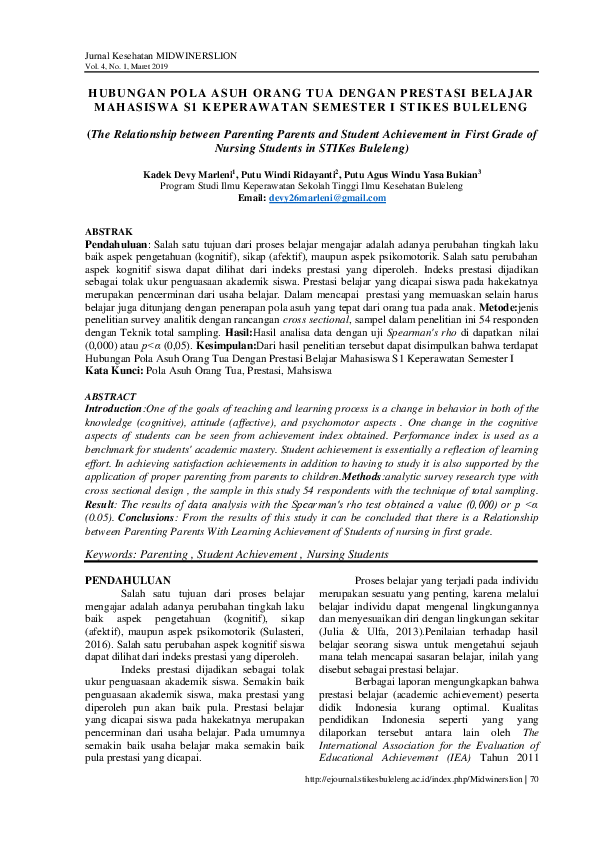 (PDF) Hubungan Pola Asuh Orang Tua Dengan Prestasi Belajar Mahasiswa S1 Keperawatan Semester I ...