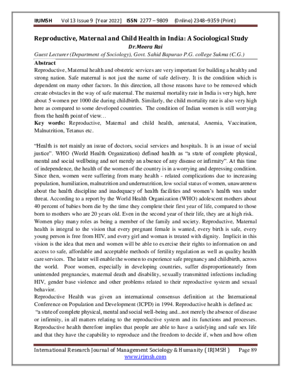 (PDF) Reproductive, Maternal and Child Health in India: A Sociological ...