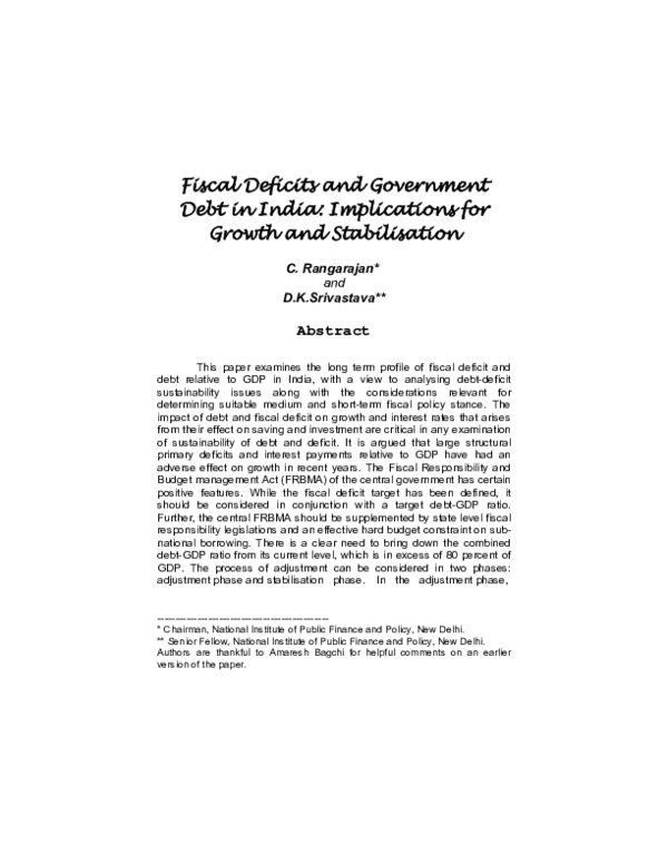 (PDF) Fiscal deficits and government debt in India: Implications for ...