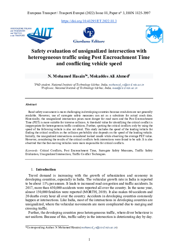 Pdf Safety Evaluation Of Unsignalized Intersection With Heterogeneous Traffic Using Post