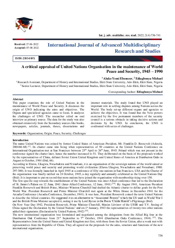 (PDF) A Critical Appraisal of United Nations Organisation in the ...