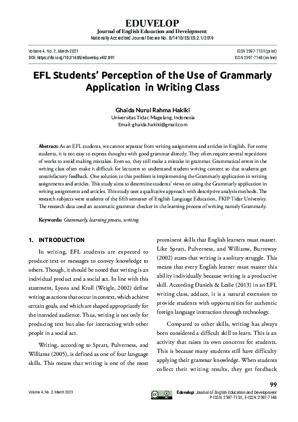 (PDF) Perception of EFL Students on the Use Grammarly Application in ...