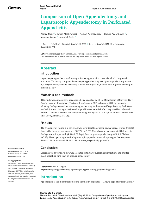 (PDF) Comparison of Open Appendectomy and Laparoscopic Appendectomy in ...