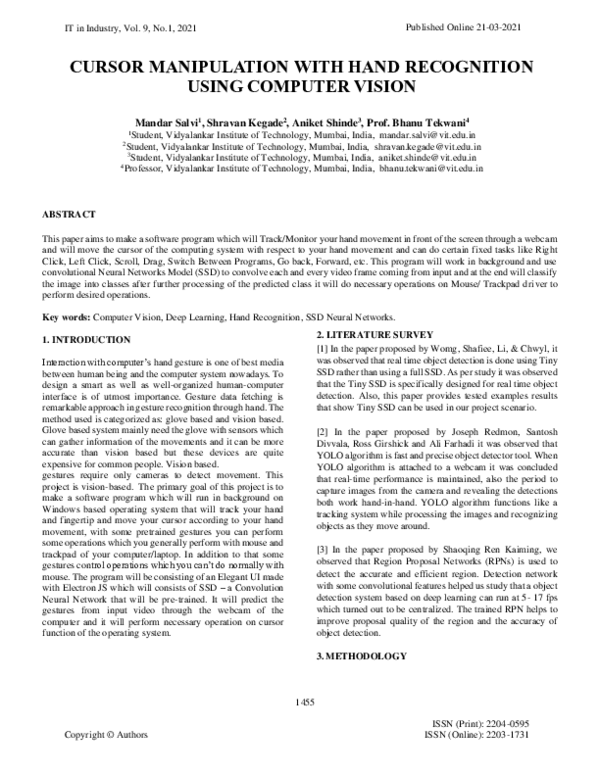 (PDF) Cursor Manipulation with Hand Recognition Using Computer Vision ...