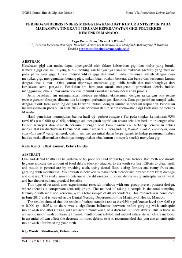 (PDF) Perbedaan Debris Indeks Menggunakan Obat Kumur Antiseptik Pada ...