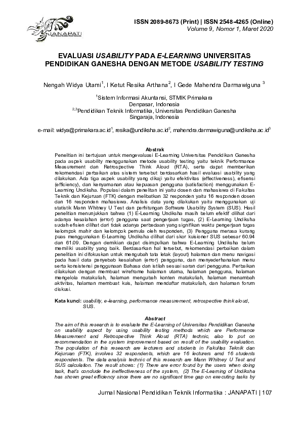 (PDF) Evaluasi Usability Pada E-Learning Universitas Pendidikan Ganesha Dengan Metode Usability ...