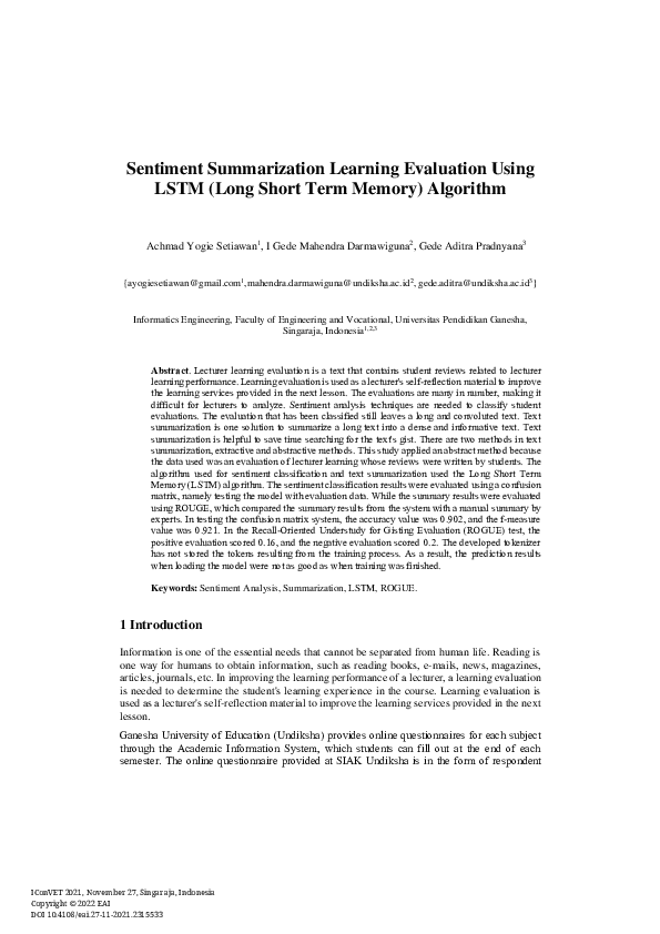 Pdf Sentiment Summarization Learning Evaluation Using Lstm Long Short Term Memory Algorithm