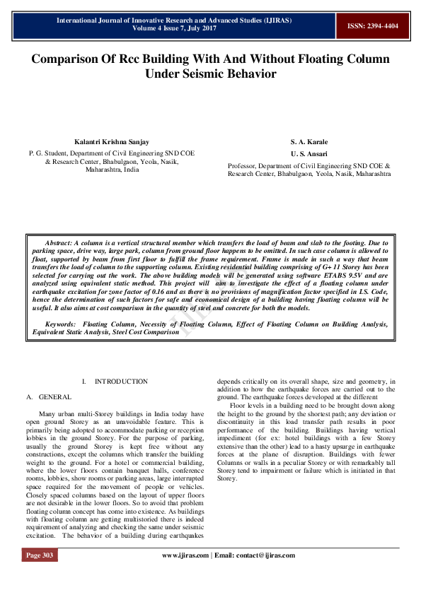 Pdf Comparison Of Rcc Building With And Without Floating Column Under